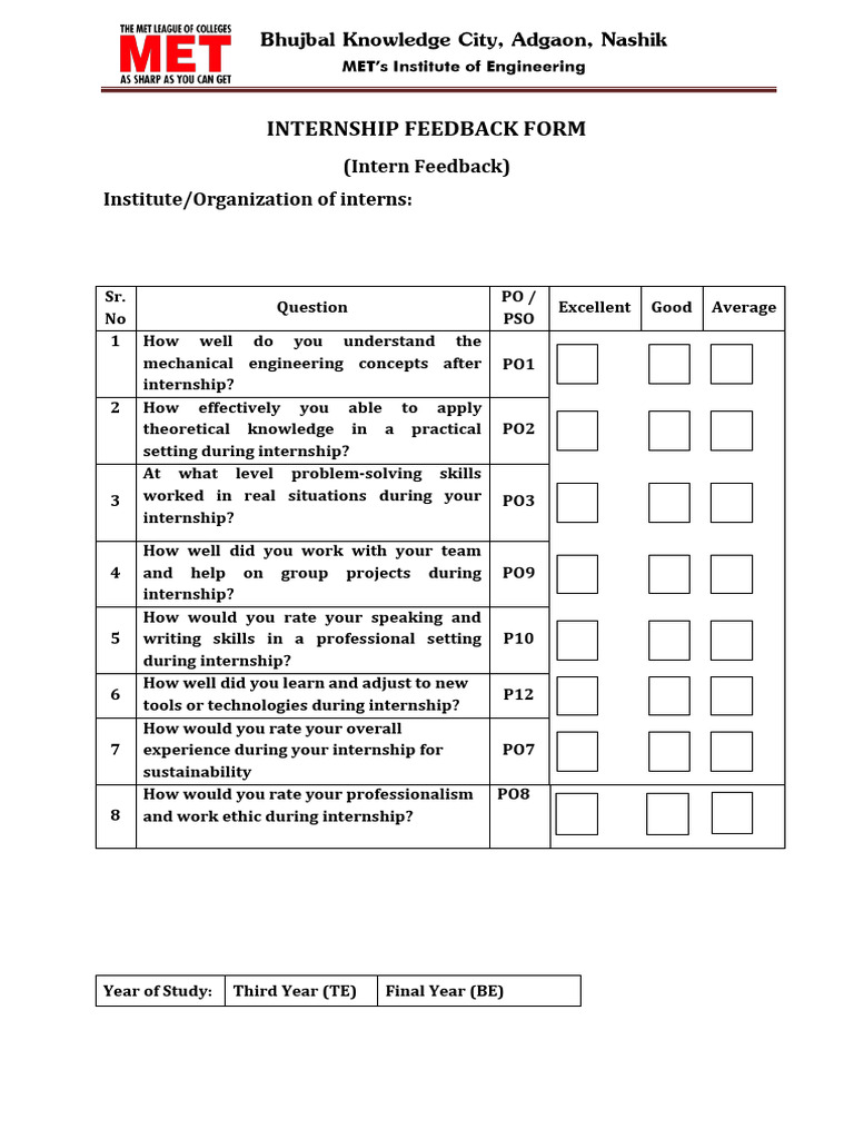 Internship Feedback Evaluation Form | PDF | Skill | Engineering