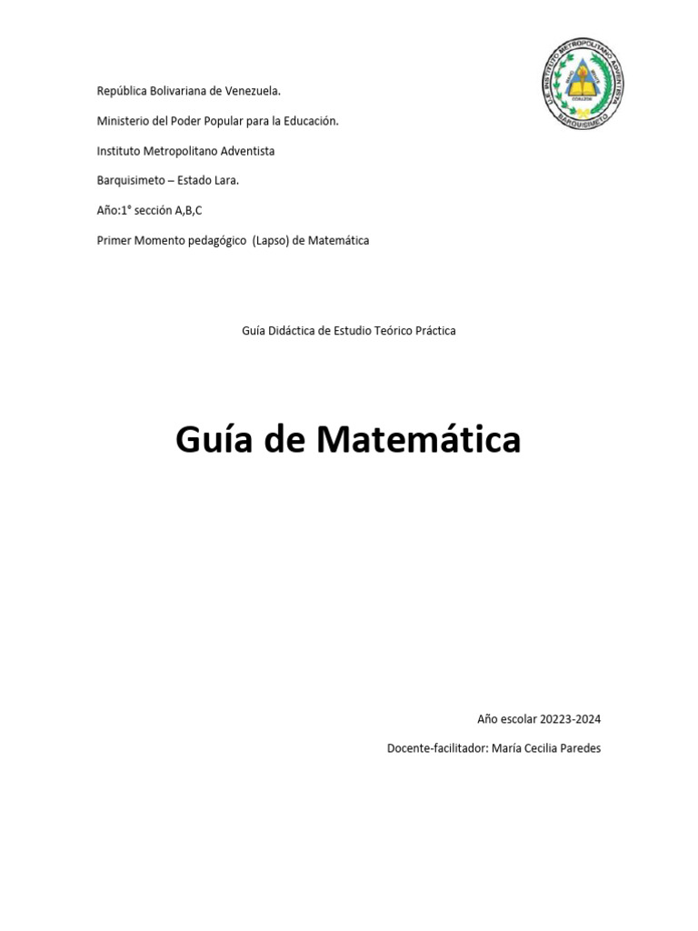 I Lapso - Guia de Matematica 1ro Año | PDF | Conjunto (Matemáticas ...