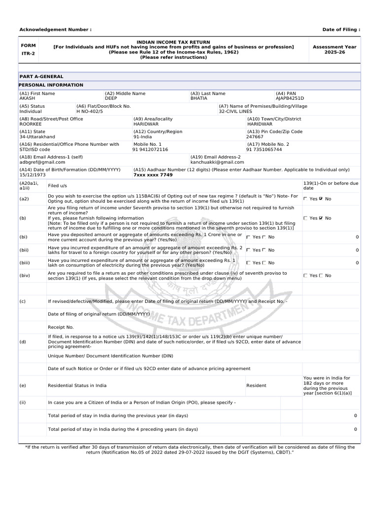 ITR-2 Income Tax Return Form 2025-26 | PDF | Capital Gain | Capital ...