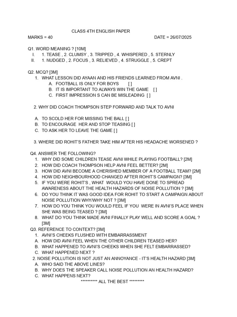 Class 4th English Paper | PDF