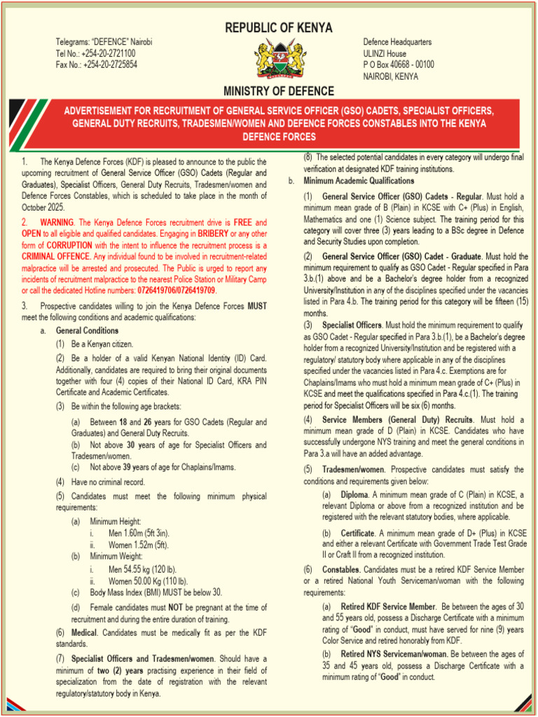 KDF Recruitment 2025 Advert Final 14 Sep 25 Final | PDF | Academic Degree | Engineering