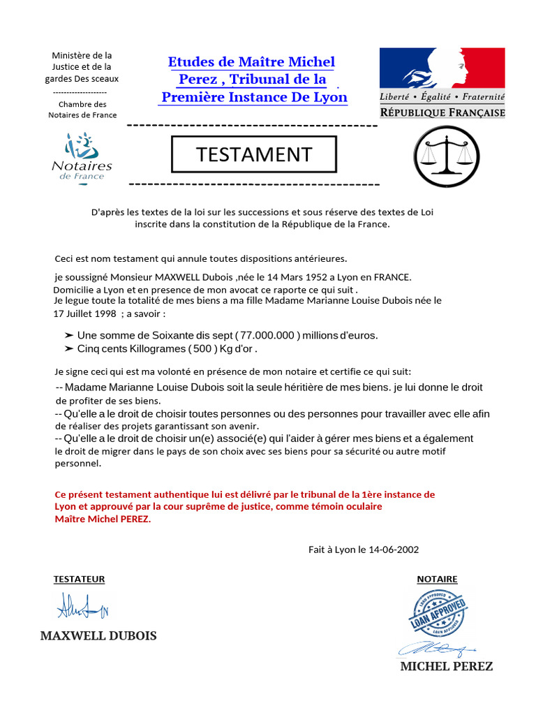 Testament de Maxwell Dubois à Lyon | PDF