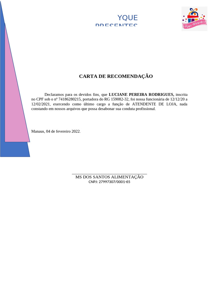 Carta de Recomendação para Luciane Rodrigues | PDF