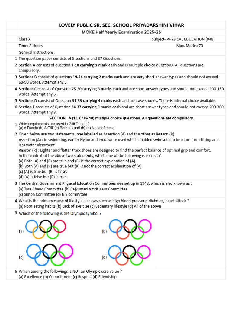 Class XI Physical Education Exam 2025-26 | PDF