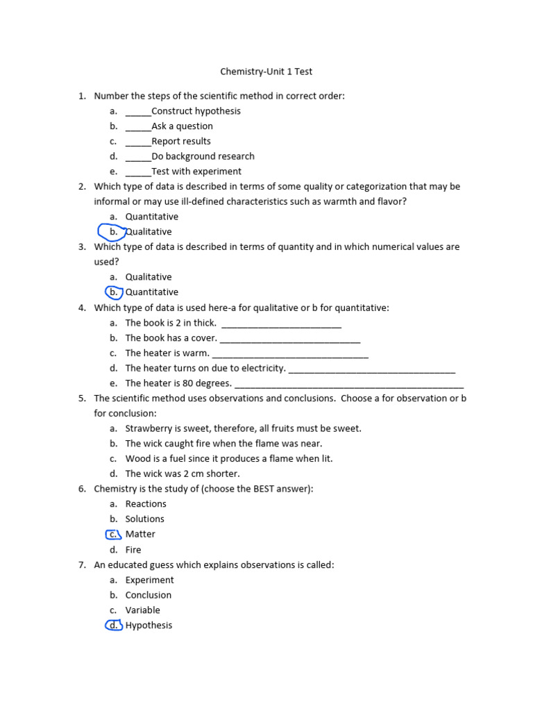 Chemistry Unit 1 Test Questions | PDF | Quantitative Research | Volume