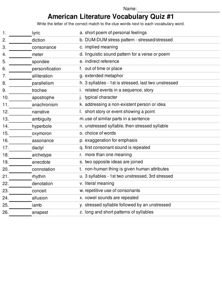 American Literature Vocabulary Quiz | PDF