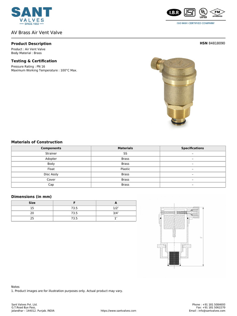 Sant Air Vent Valve Specifications | PDF