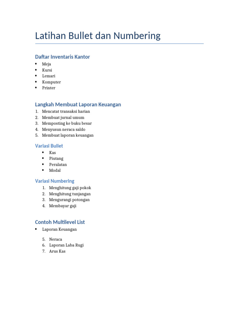 Panduan Latihan Bullet dan Numbering | PDF