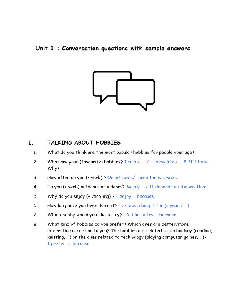 Unit 1 Conversation Questions With Sample Answers | PDF | Chess ...