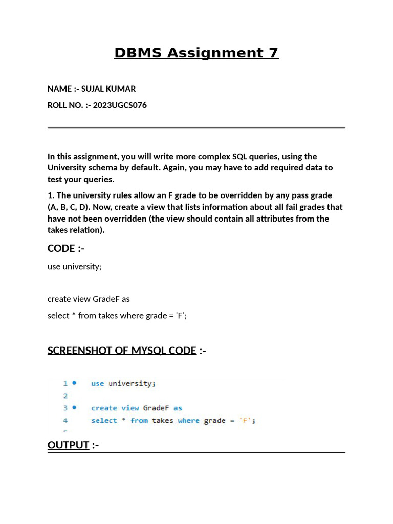 Dbms Lab Assignment 7 Sujal Kumar 2023ugcs076 | PDF | Computing | Computer Programming