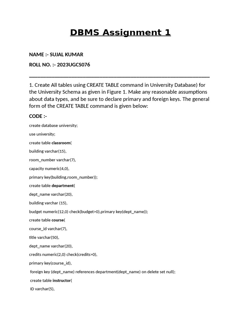 Dbms Lab Assignment 1 Sujal Kumar 2023ugcs076 | PDF | Databases | Sql