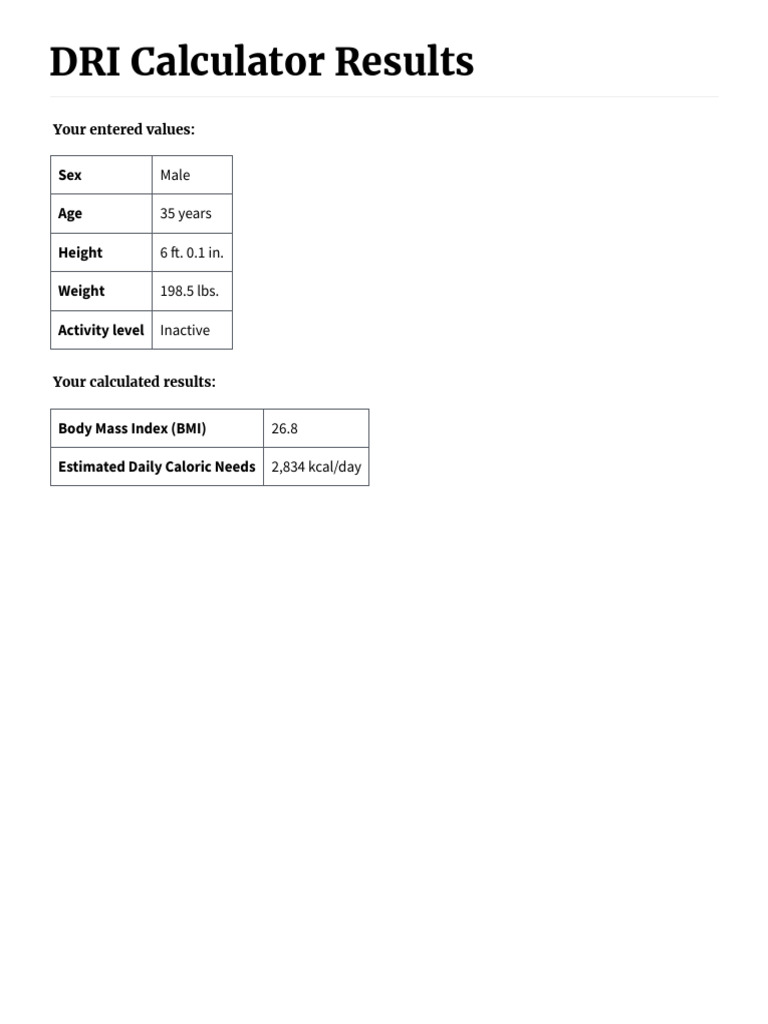 DRI Calculator Results Summary | PDF | Vitamin | Nutrients