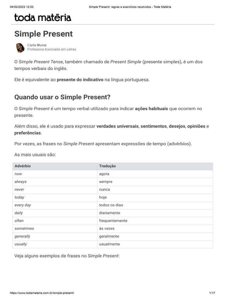 Regras e Exercícios do Simple Present | PDF | Assunto (gramática ...