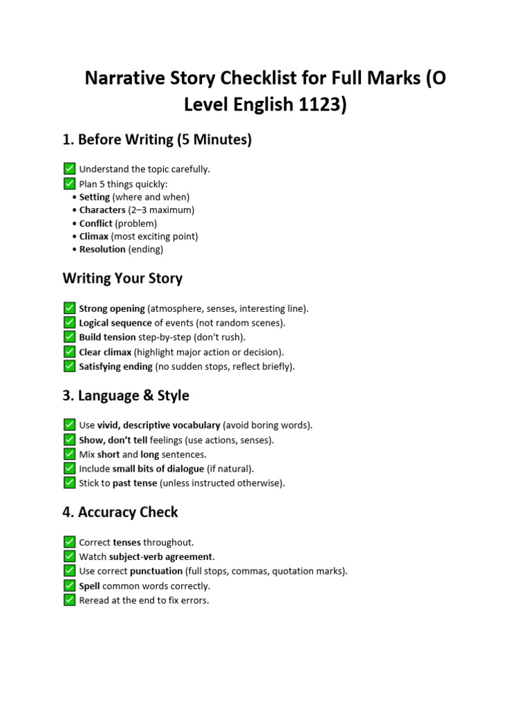 Narrative Writing Checklist for O Level | PDF