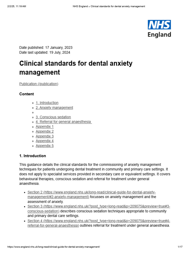 NHS England Clinical Standards For Dental Anxiety Management | PDF ...