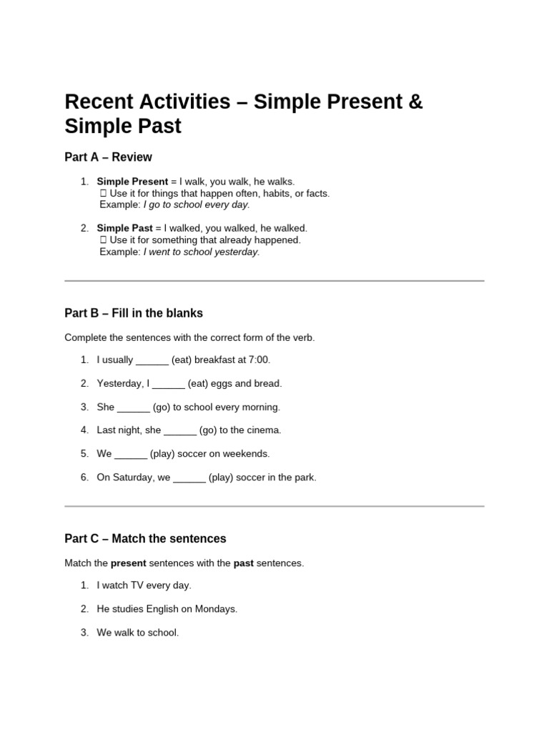 Simple Present & Past Tense Activities | PDF