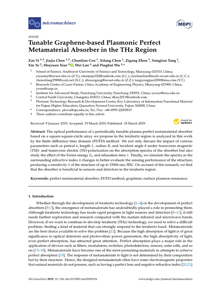 2019-Yi-Tunable Graphene-based Plasmonic Perfect Metamaterial Absorber in the THz Region | PDF ...
