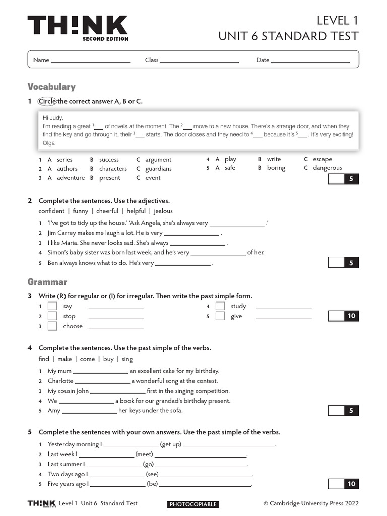 Level 1 Unit 6 Standard Test | PDF | Grammar | Linguistics