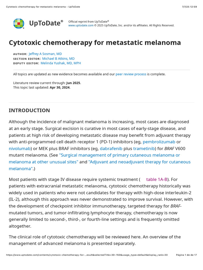 Cytotoxic Chemotherapy for Melanoma | PDF | Melanoma | Metastasis