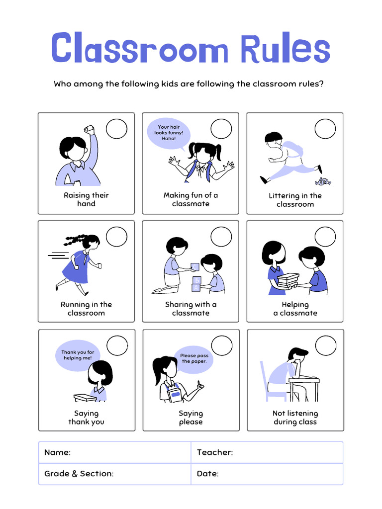 Bicolor Classroom Rules Printable Worksheet | PDF
