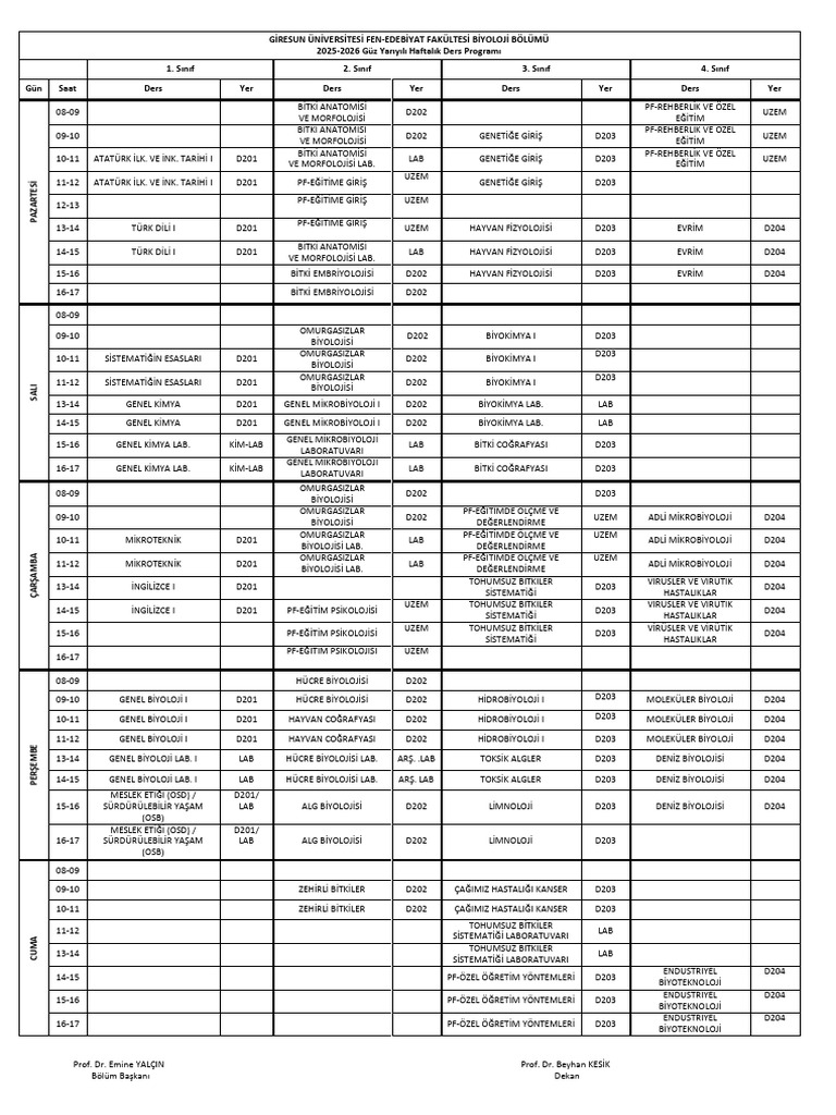 2025-2026-Güz Dönemi Lisans Haftalık Ders Programı | PDF