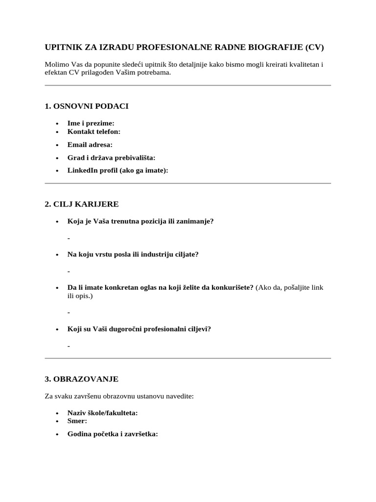 Upitnik Za Izradu Radne Biografije | PDF