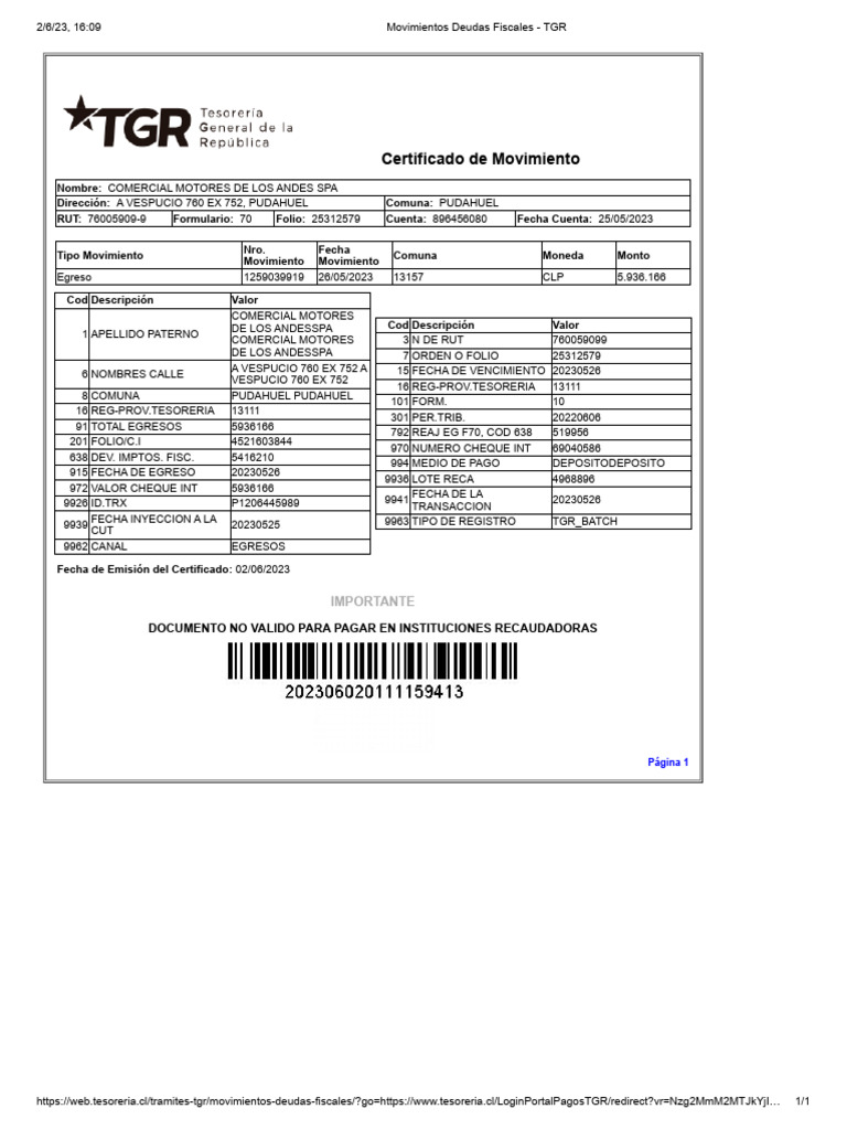 Movimientos Deudas Fiscales - TGR | PDF