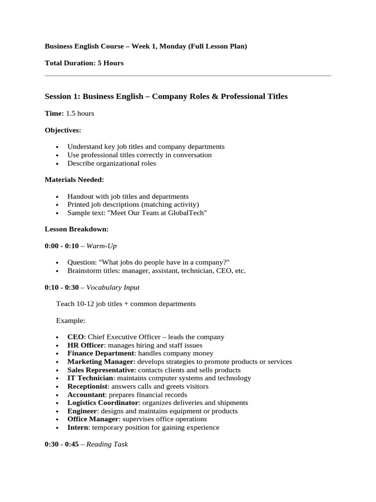 Business English Week 1 Lesson Plan | PDF | Grammatical Conjugation ...