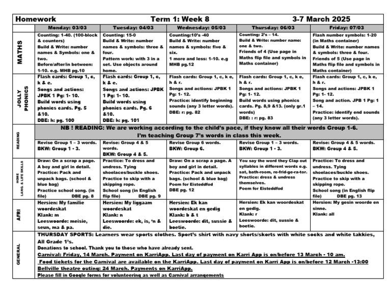 Grade 1 Homework Schedule: Week 8 | PDF | Phonics | Psycholinguistics