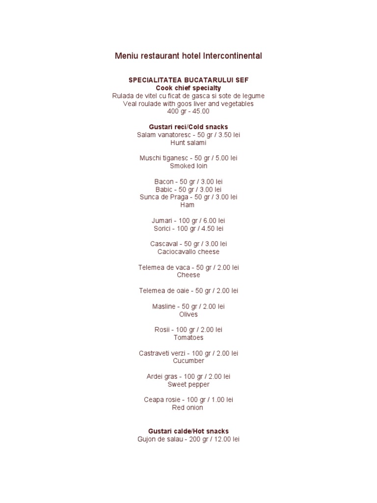 Intercontinental Hotel Menu Overview | PDF