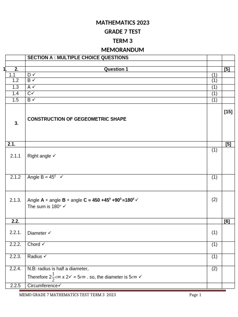 Memo Grade 7 Mathematics Test Term 3 2023 | PDF | Perpendicular | Triangle