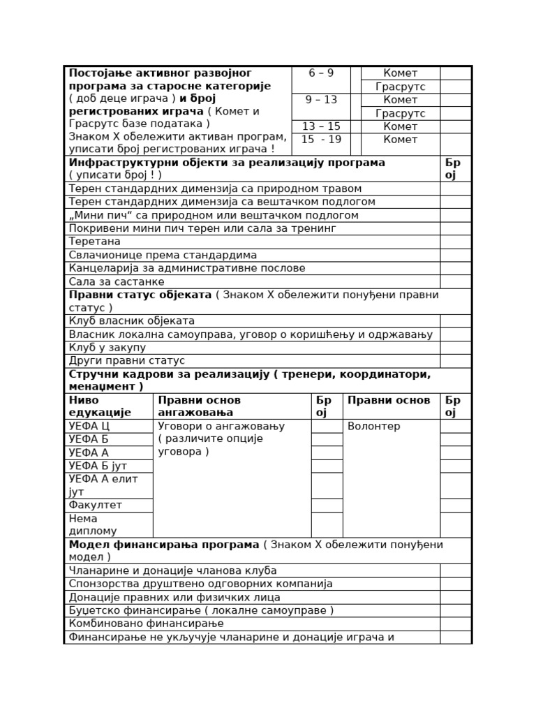 Savez Kategorizacija Formular Potpis Kluba I Sporazumi Word | PDF
