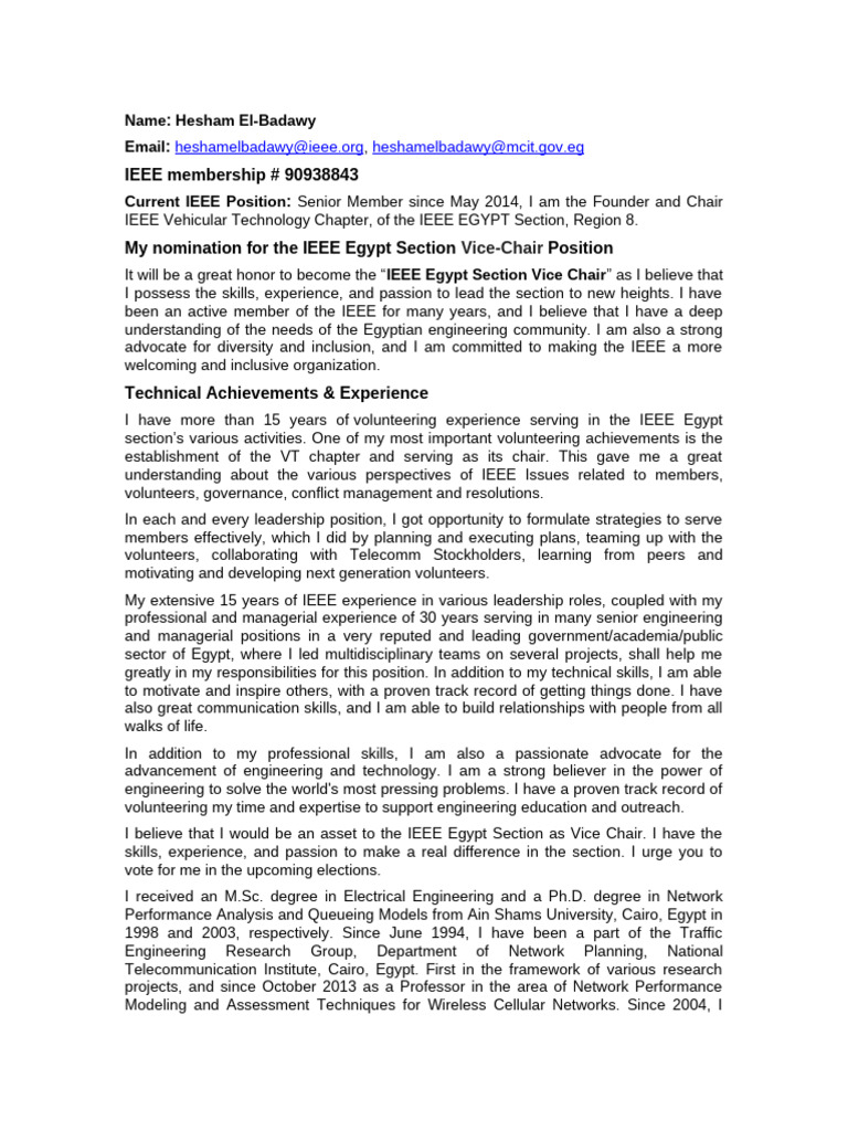 Hesham El-Badawy Vice Chair Nomination Letter 8 Aug 2023 | PDF | Egypt ...