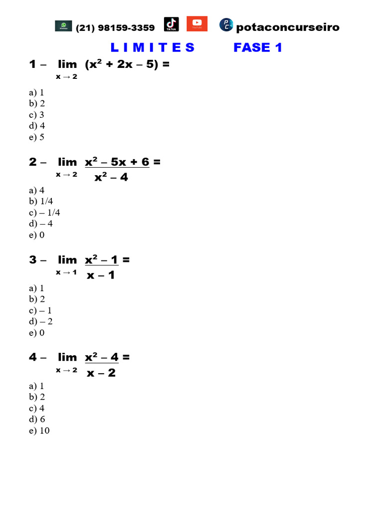 Limits Practice Problems Fase 1 | PDF