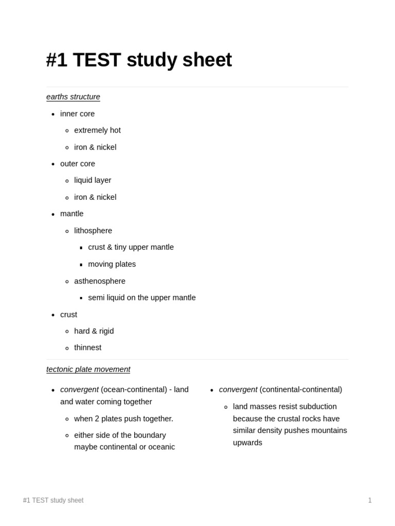 1 TEST Study Sheet | PDF | Plate Tectonics | Earthquakes
