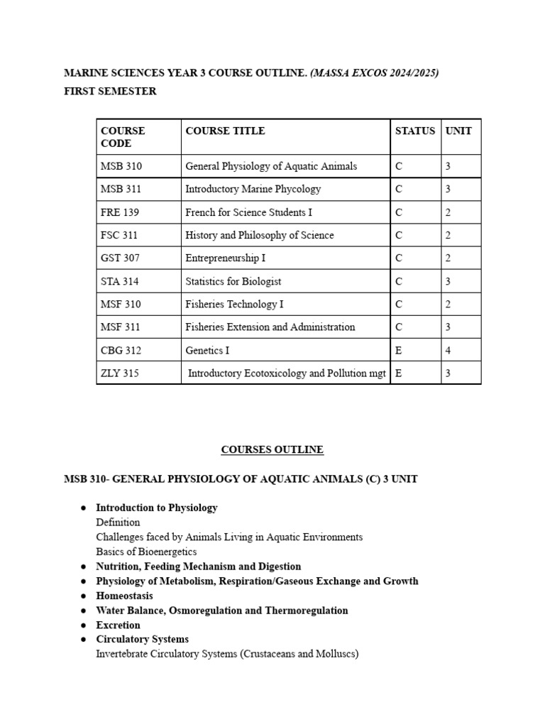 Marine Sciences Year 3 Course Outline | PDF | Science | Physiology