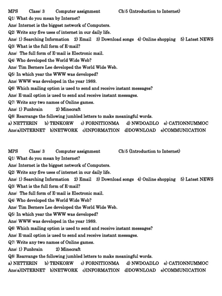 Class 3 Ch5 Assi | PDF