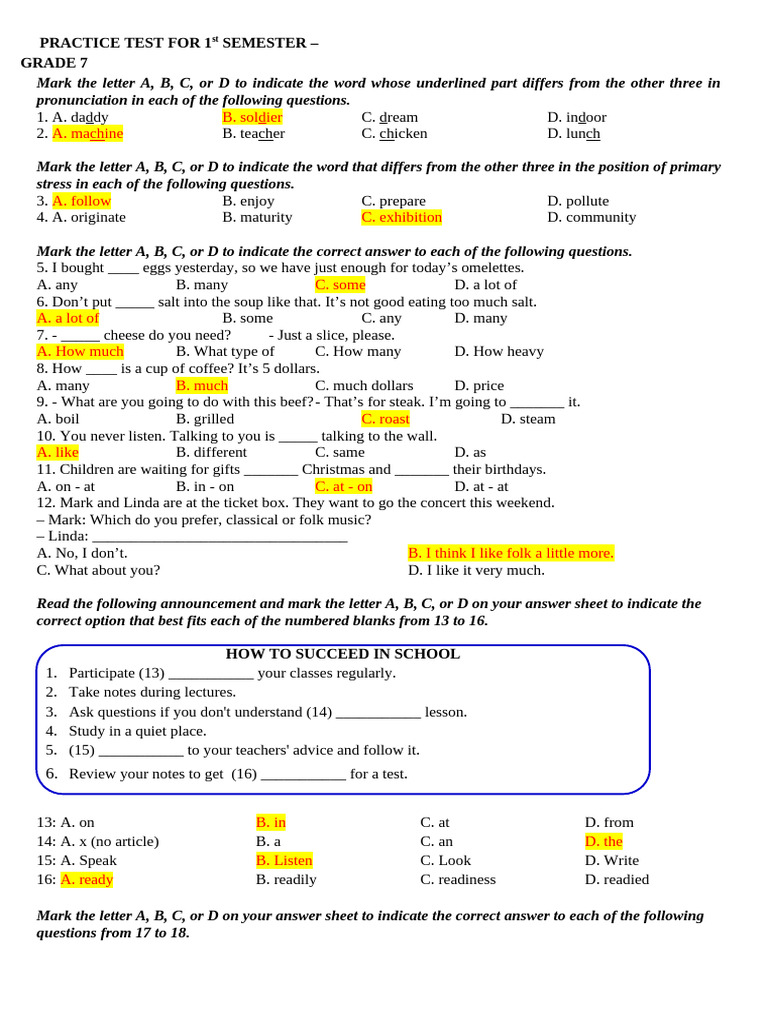 Grade 7 Semester 1 Practice Test | PDF | Drink