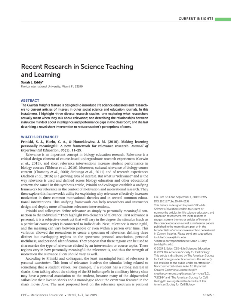 Eddy 2019 Recent Research in Science Teaching and Learning | PDF ...