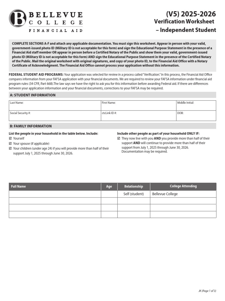 FA V5 Verification Worksheet Independent Student 2025 2026 | PDF | Identity Document | Internal ...