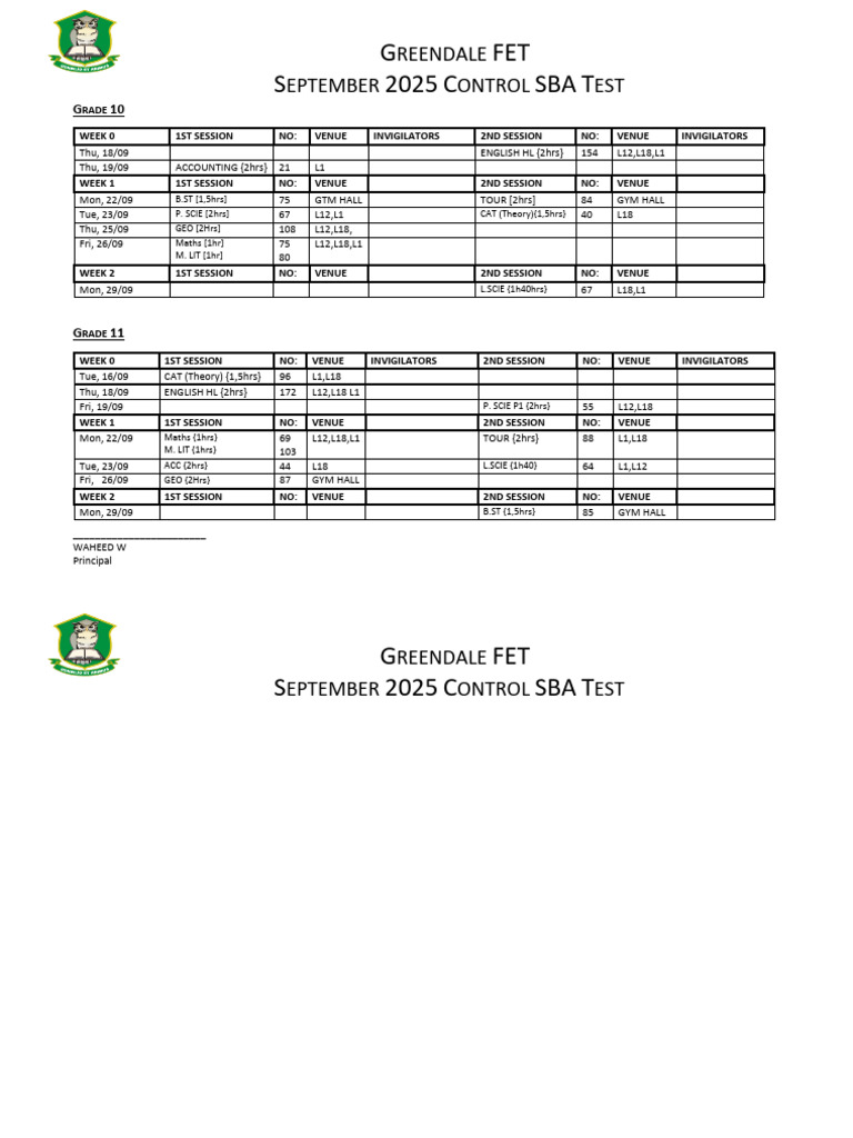 September Examination Invigilation Time Table 2025 For Educators | PDF