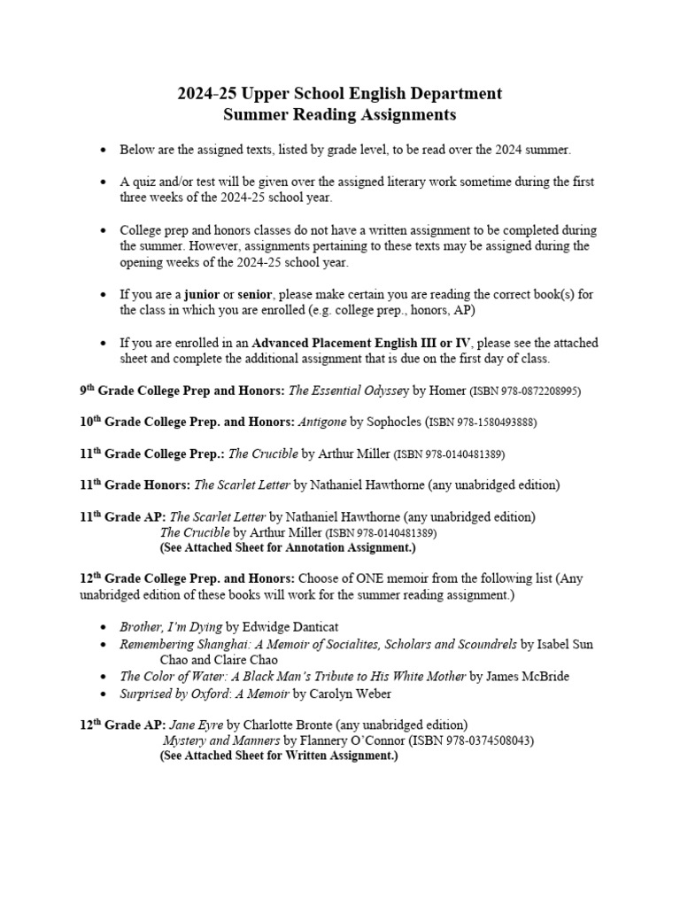 PC 2024-25 Summer Reading Assignments 9th-12th Grade[1] | PDF | Essays ...