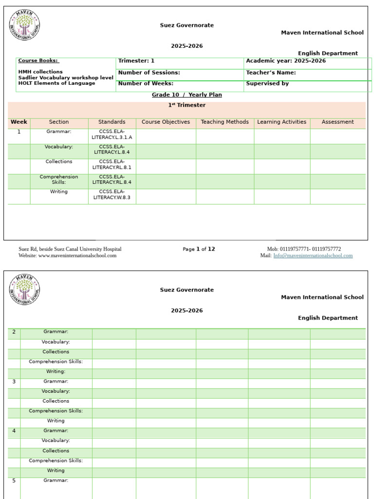 Grade 10 Yearly Plan Template 2024-2025 (1) Empty | PDF | Communication ...
