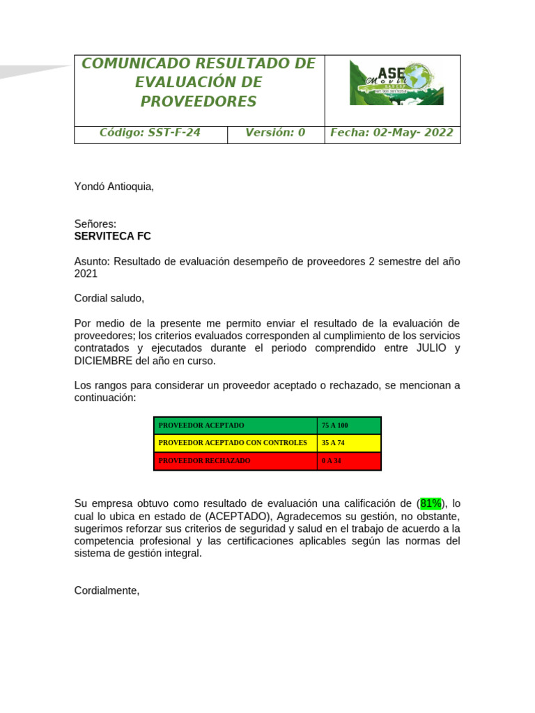 SST F 24 Comunicado Resultado Evaluacion | PDF