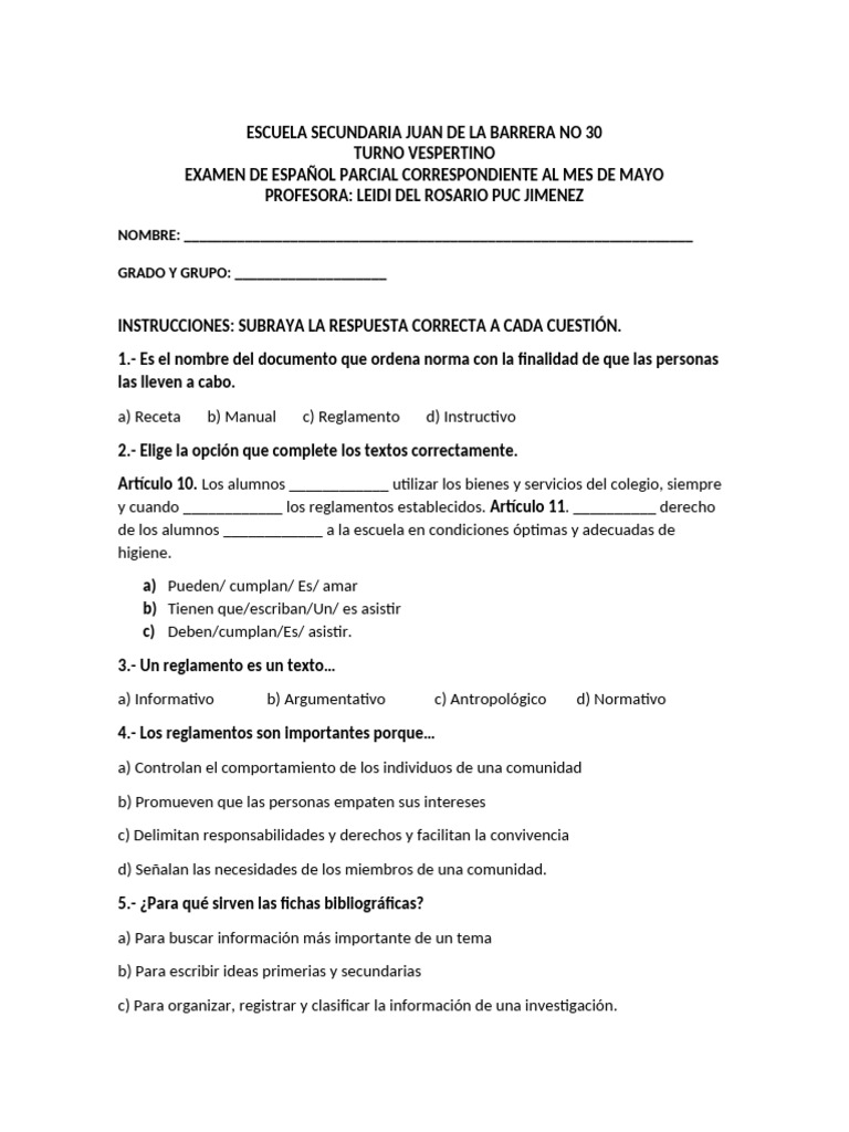 Examen Parcial de Español - Secundaria | PDF