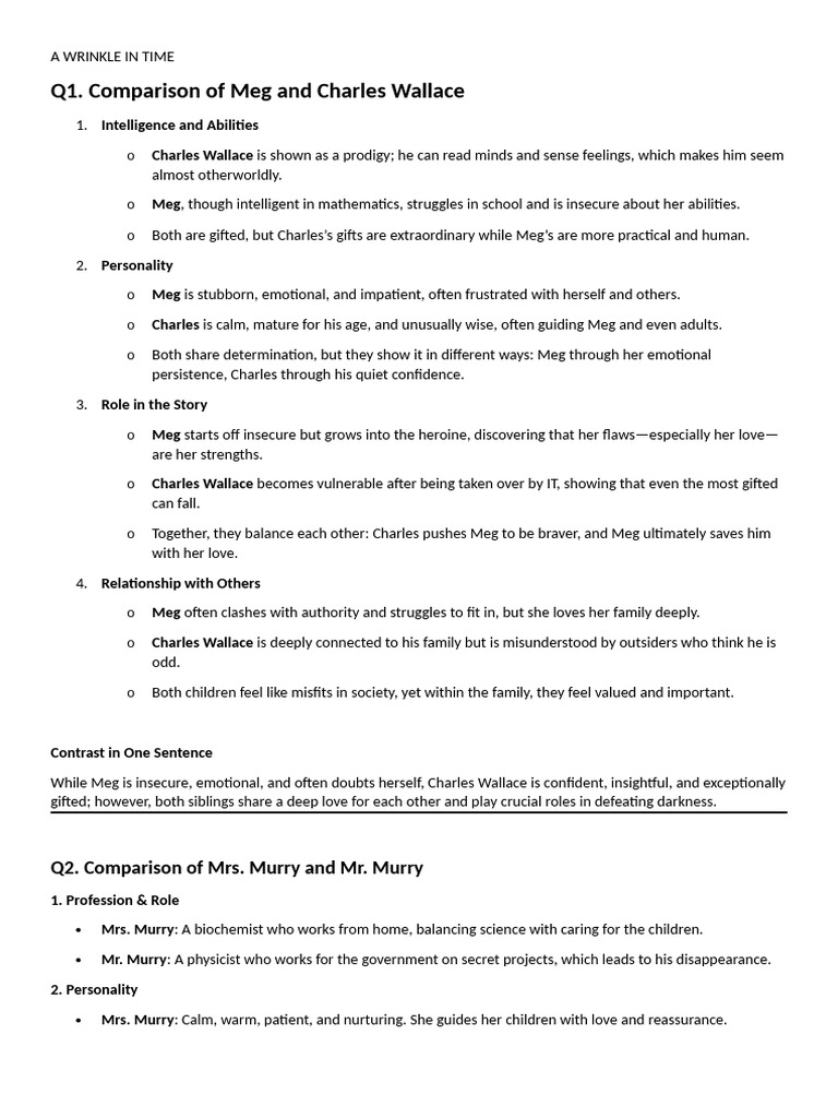 Character Analysis in A Wrinkle in Time | PDF