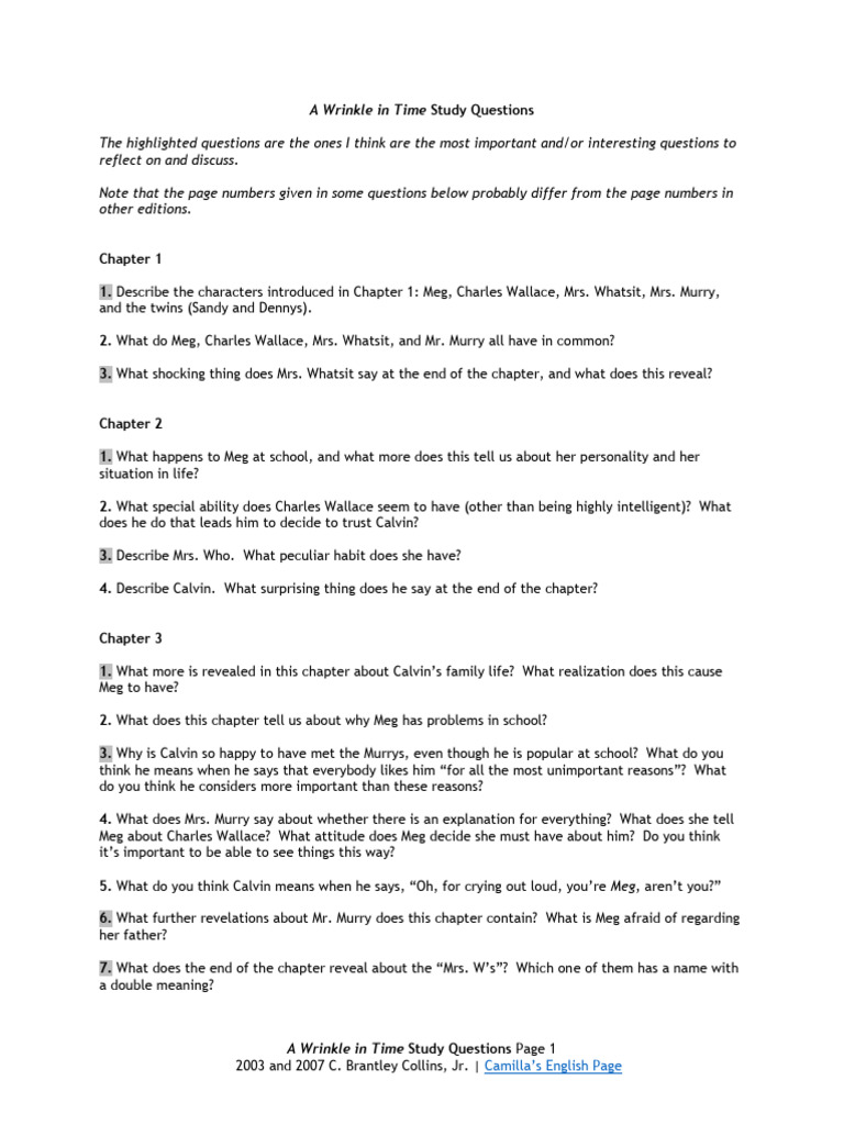 A Wrinkle in Time Study Questions | PDF