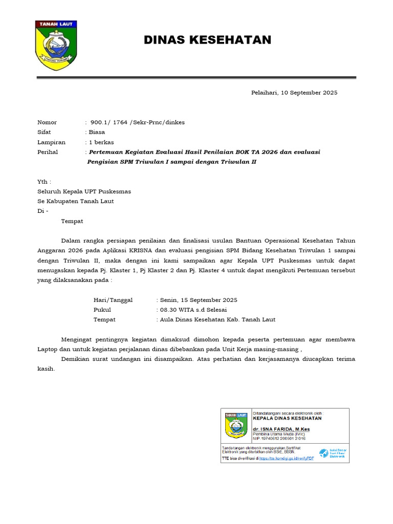 Surat Pertemuan Evaluasi Hasil Penilaian BOK 2026 Dan Evaluasi Pengisian SPM - Sign | PDF