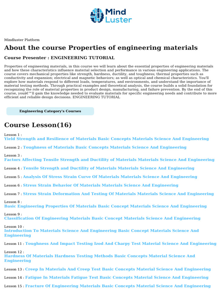 Engineering Materials Properties Course | PDF | Ductility | Strength Of ...