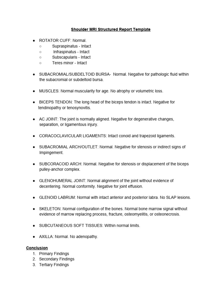 Normal Shoulder MRI Report Template | PDF